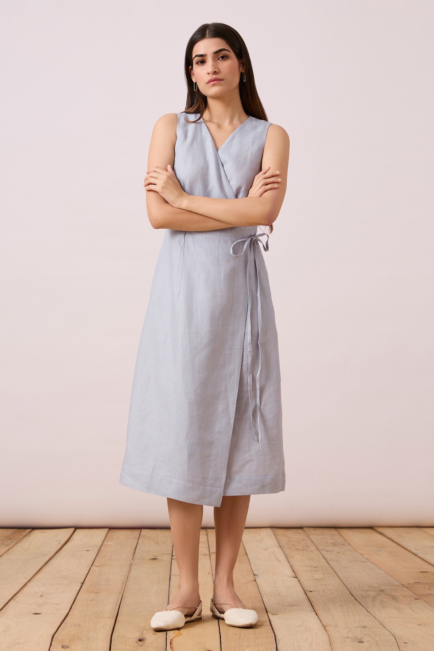 Buy The Summer House Blue Linen Arandi Solid Wrap Dress Online | Aza ...
