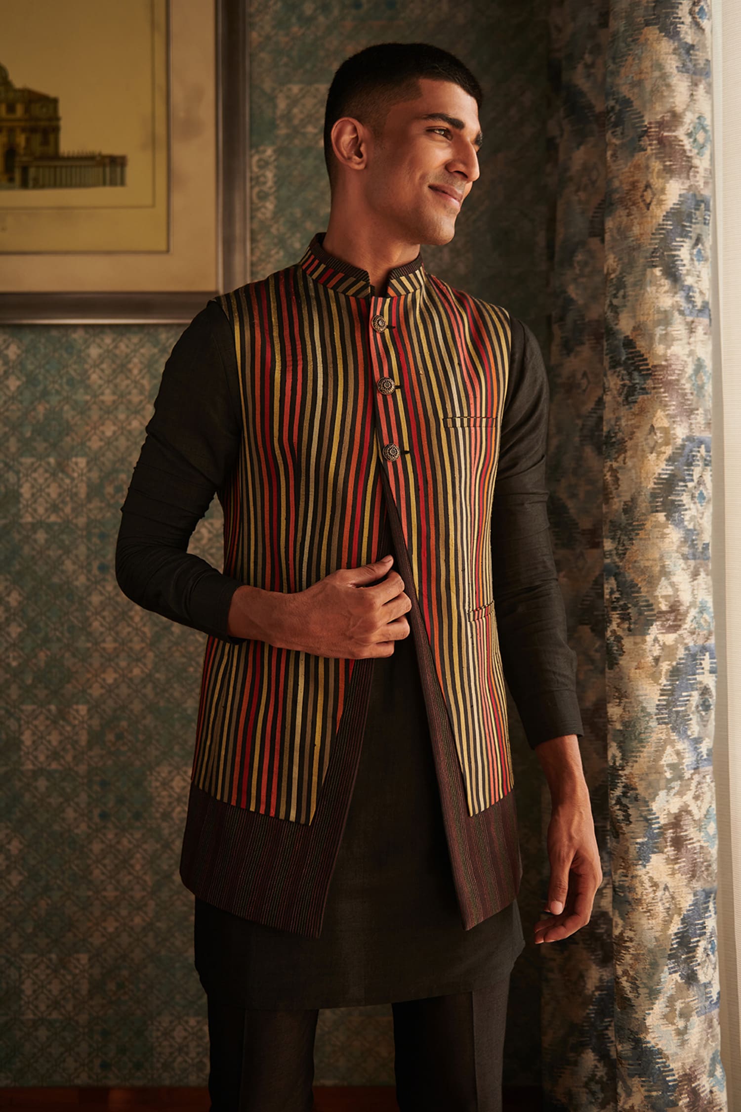 Buy Multi Color 100% Silk Woven Stripe Pattern Weft Bundi For Men by ...