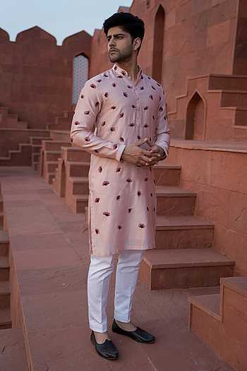 Buy Kaaj Button Pink Chanderi Silk Embroidered Kurta Set Online | Aza ...