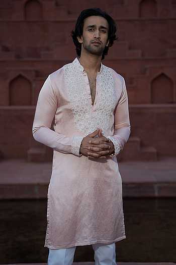Buy Kaaj Button Pink Satin Linen French Knot Embroidered Kurta Set ...