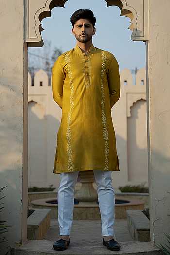 Buy Kaaj Button Yellow Chanderi Silk Kurta And Pant Set Online | Aza ...