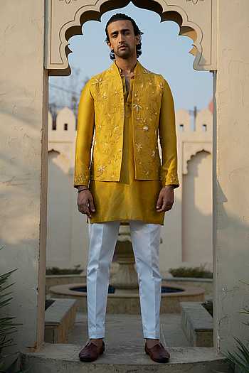Buy Kaaj Button Yellow Chanderi Silk Bundi And Kurta Set Online | Aza ...
