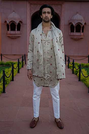 Buy Kaaj Button Gold Satin Linen Bandhej Embroidered Kurta Set Online ...