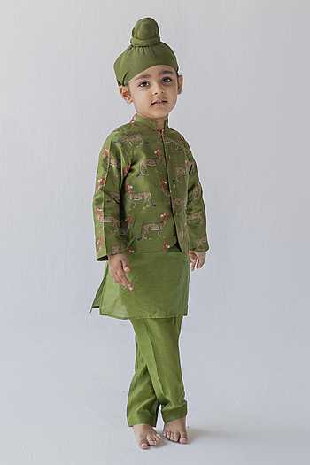 Buy Ankid Green Tenduar Rajkumar Silk Chanderi Bandhgala Set For Boys ...