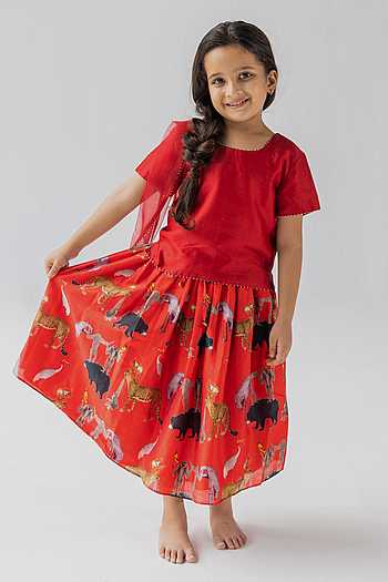 Buy Red Silk Chanderi Printed Jungle Chidiya Ghar Ki Sair Lehenga Set ...