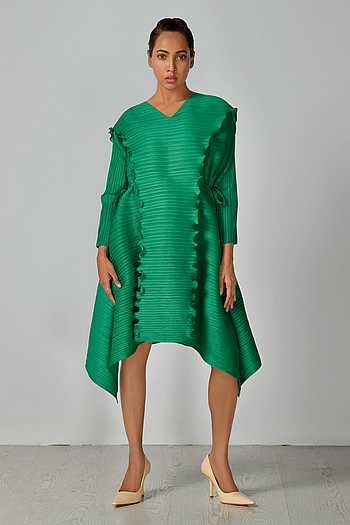 Buy Crimp Emerald Green Polyester Sunset Asymmetric Dress Online | Aza ...