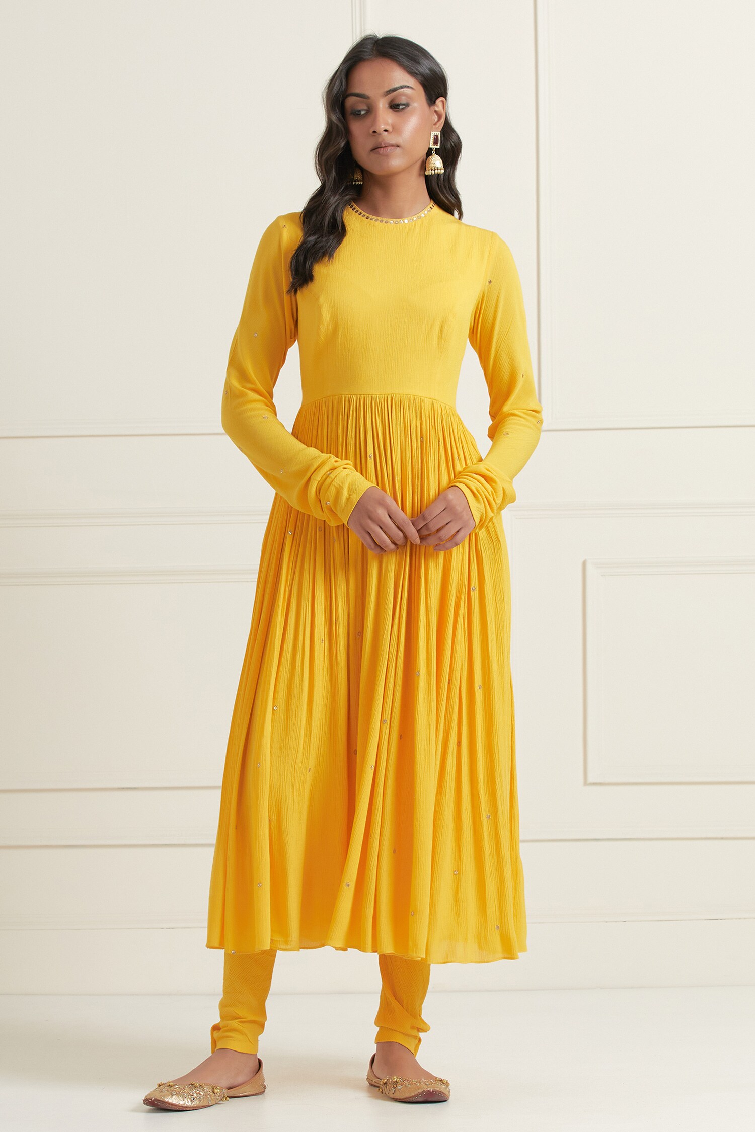 Buy Yellow Wrinkle Cotton Hand Embroidered Sequin Churidar Sleeve ...