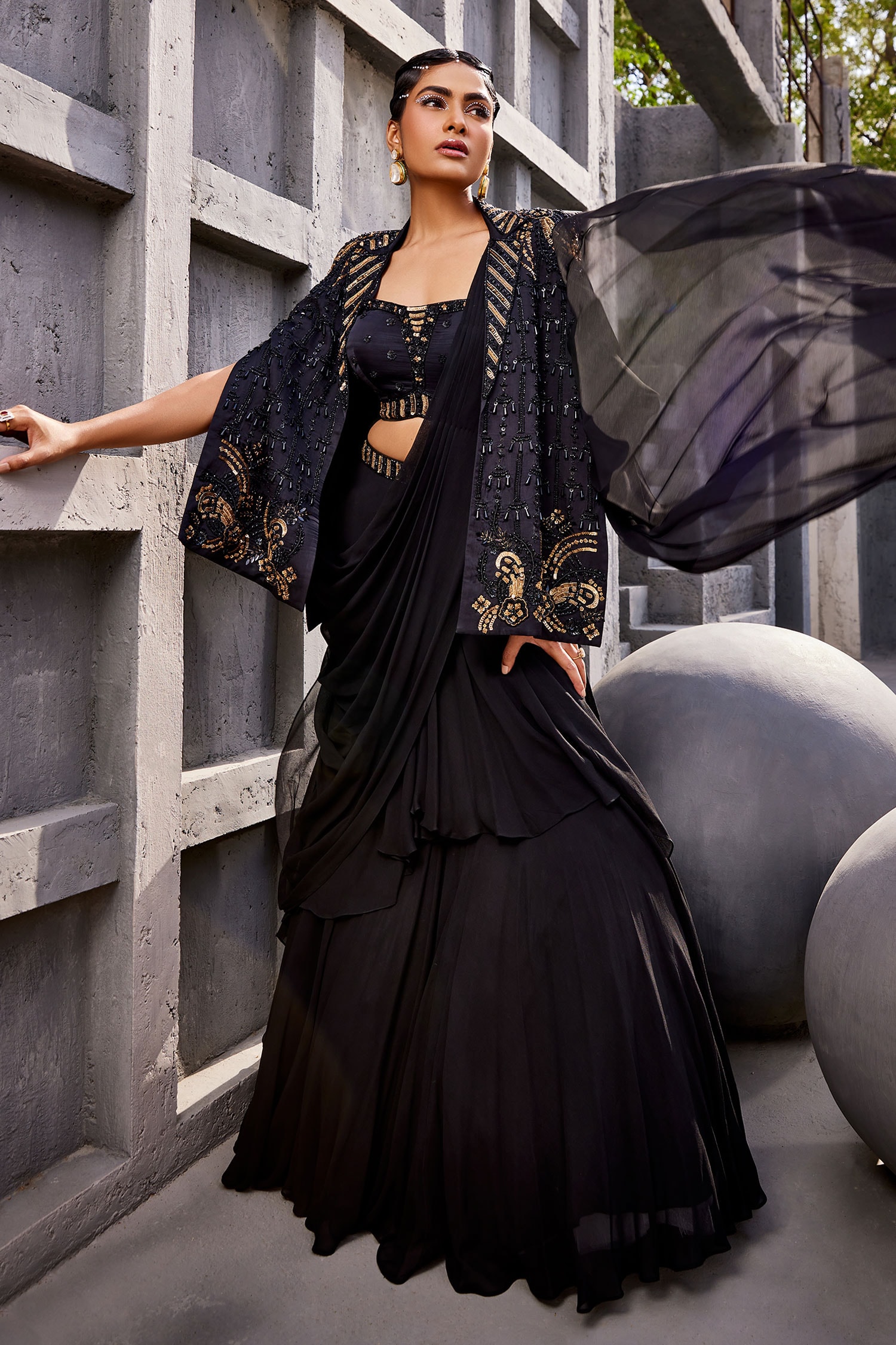 Buy Black Georgette Embroidered Floral Cape And Pre-draped Lehenga ...