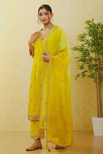 Buy Surbhi shah Green Pure Spun Silk Hand Work Kurta Pant Set Online ...