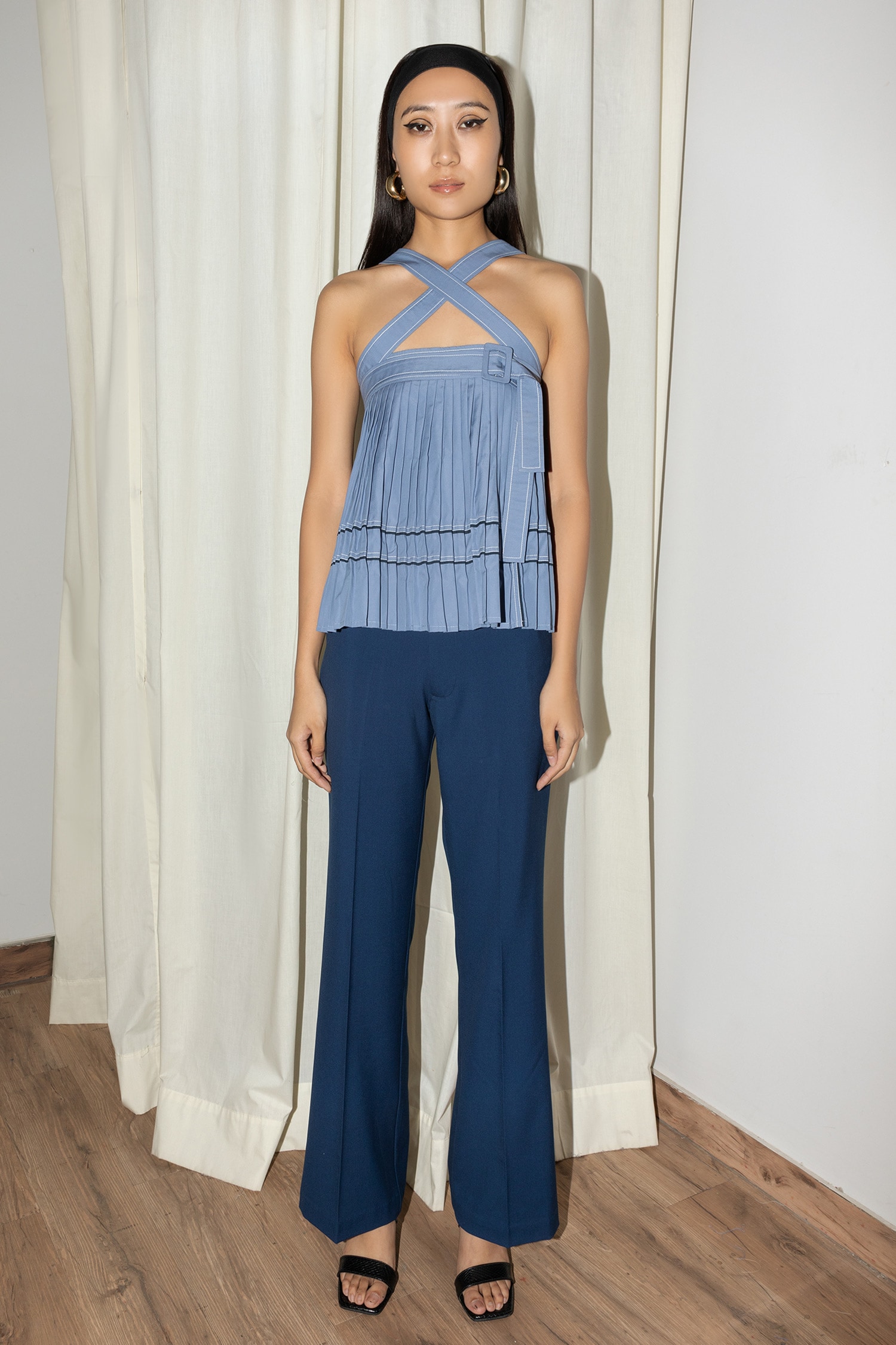 Buy Blue 100% Cotton Poplin Plain Criss Cross Strap Top For Women by ...