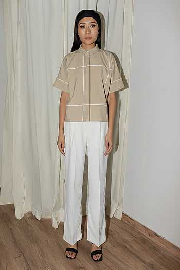 Buy Leh Studios Beige Rayon Suiting Shell Checkered Shirt Online | Aza ...