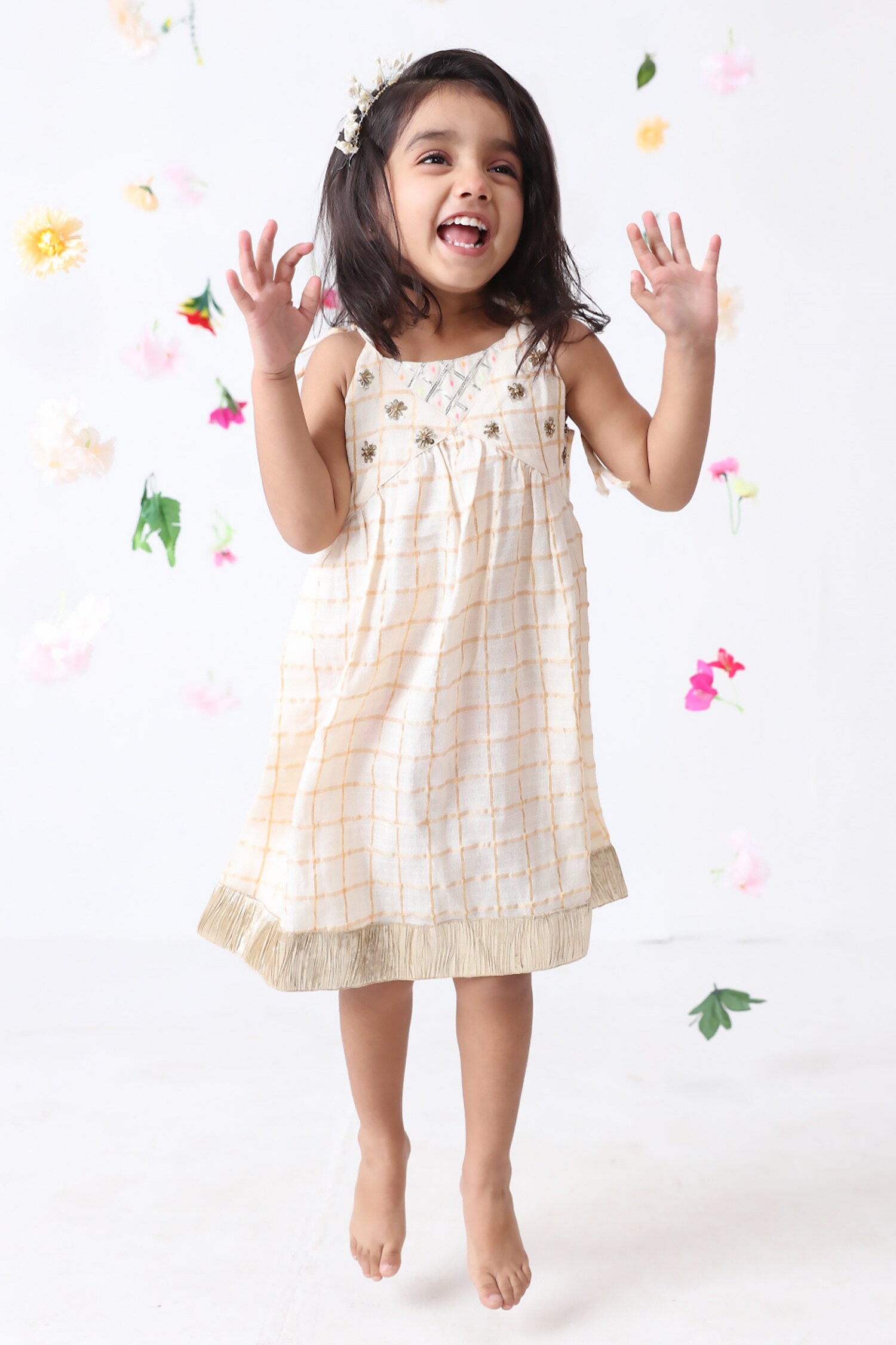 Buy Off White Cotton Checkered Pattern Dress For Girls by JILMIL ...