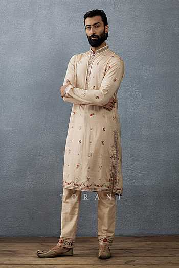 Buy Beige Kurta: Slub Silk Hand Block Printed Floral Badami Prabeer Set ...