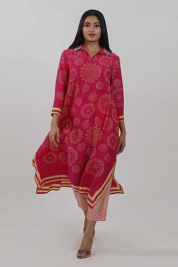 Buy Krishna Mehta Pink Modal Block Print Embroidered Tunic Online | Aza ...