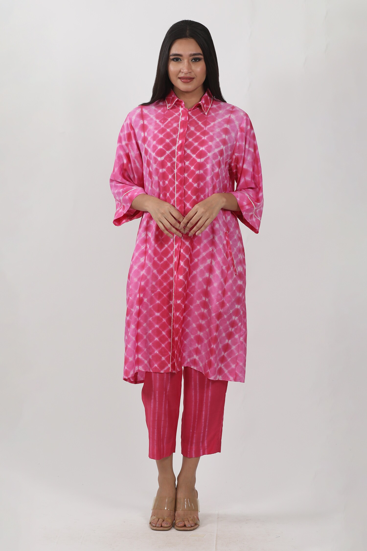 Buy Krishna Mehta Red Modal Tie Dye Ombre Shirt Tunic And Pant Set ...