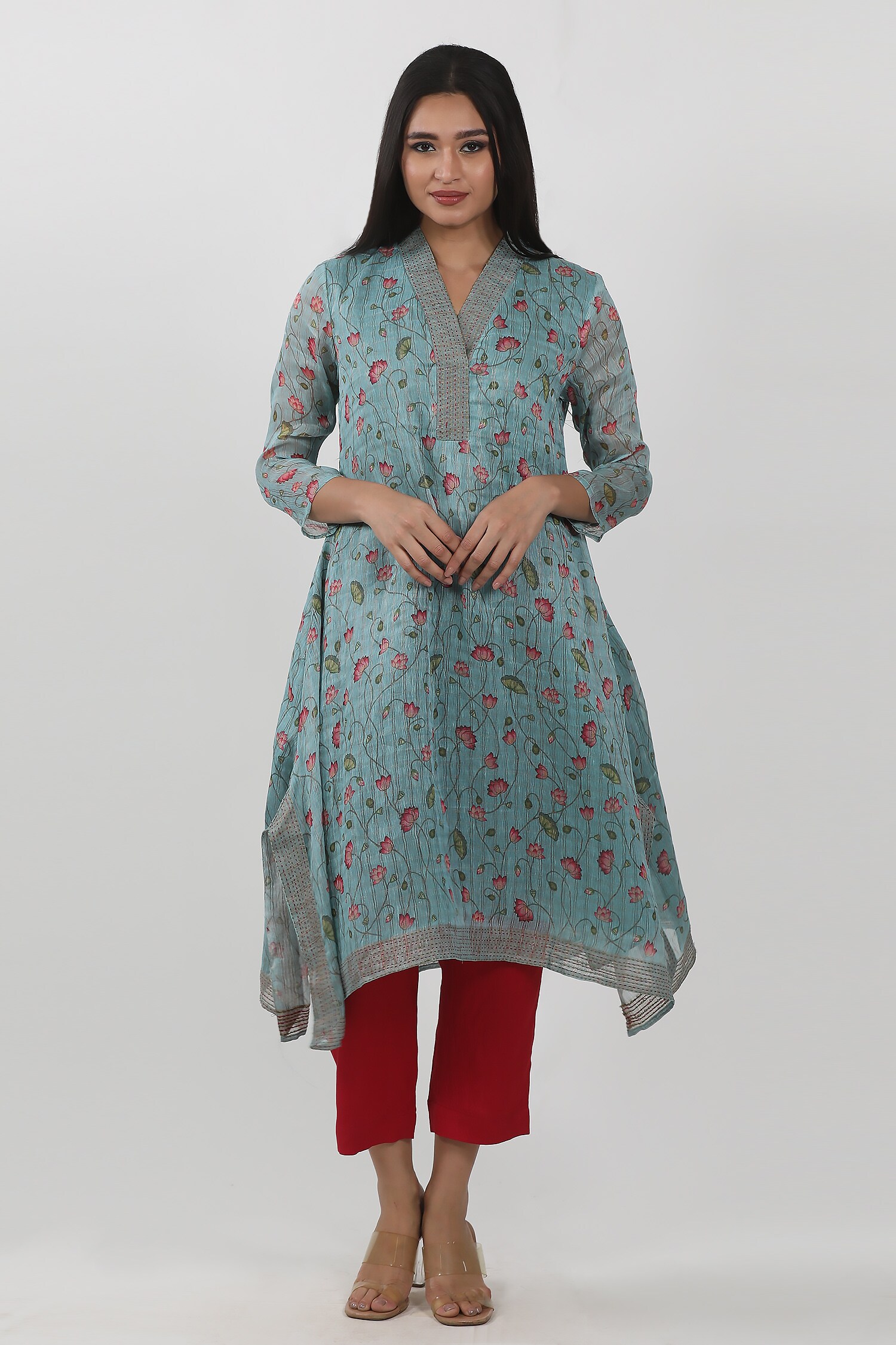 Buy Krishna Mehta Blue Linen Silk Printed Tunic And Contrast Pant Set ...