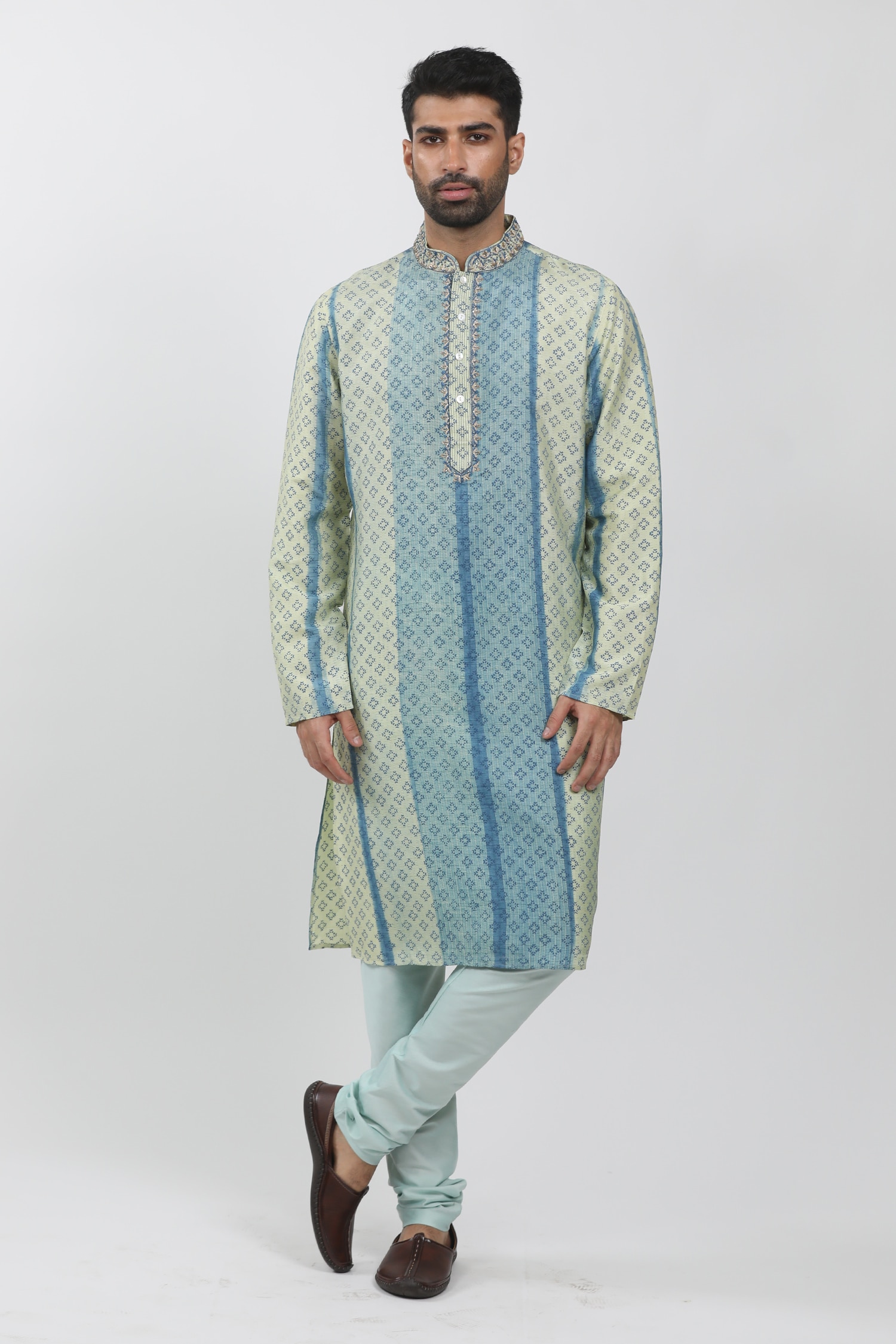 Buy Krishna Mehta Blue Tussar Geometric Hand Block Print Kurta Set ...