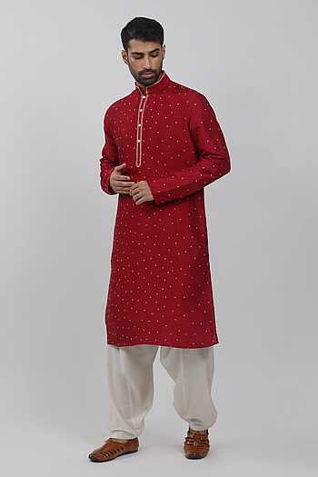 Buy Krishna Mehta Red Tussar Polka Dots Pattern Kurta Set Online | Aza ...