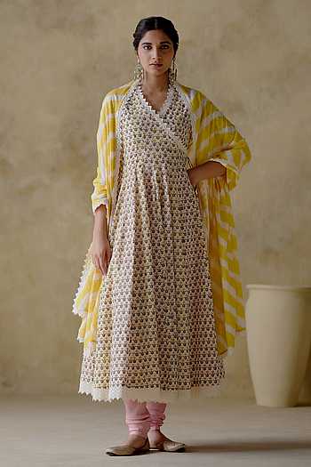 Buy VARUN CHHABRA Yellow Floral Hand Block Print Angrakha Anarkali Set ...