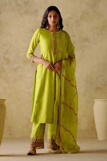Buy Green Kurta And Palazzo Chanderi Silk Lined With Mul Cotton Patra ...