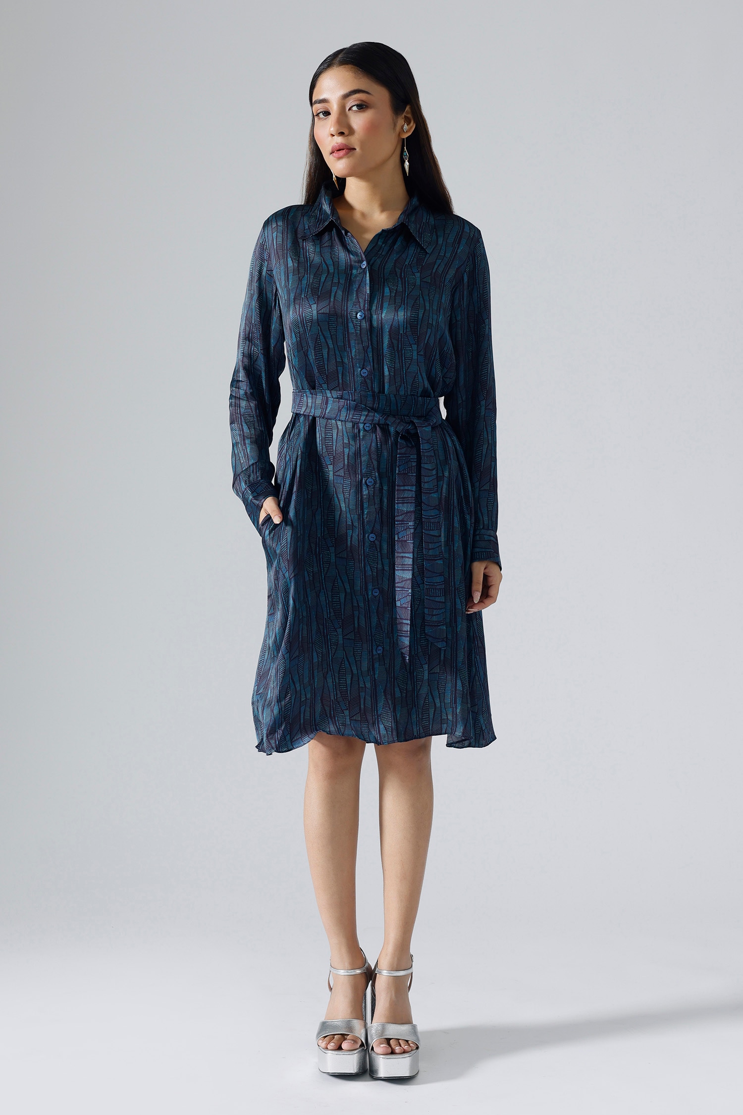 Buy KLAD Blue Satin Abstract Lines Print Shirt Dress With Belt Online ...
