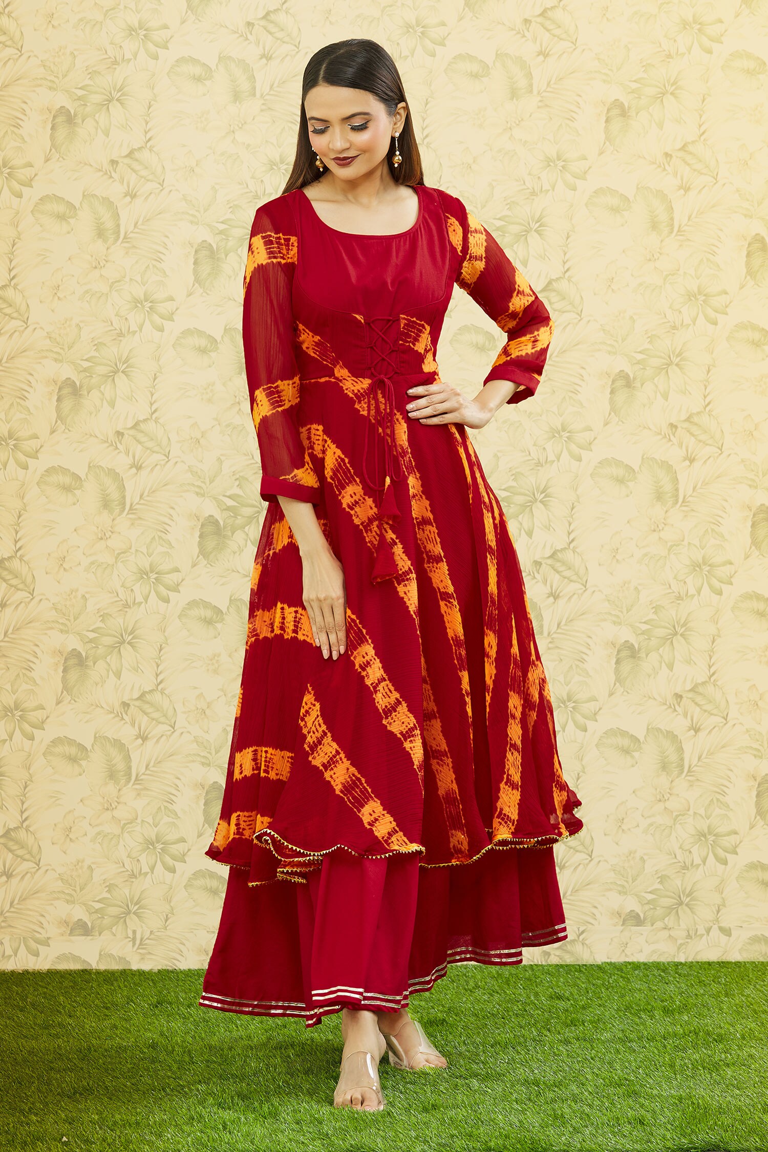 Buy Red Chiffon Printed Striped Round Dress For Women by Naintara Bajaj ...