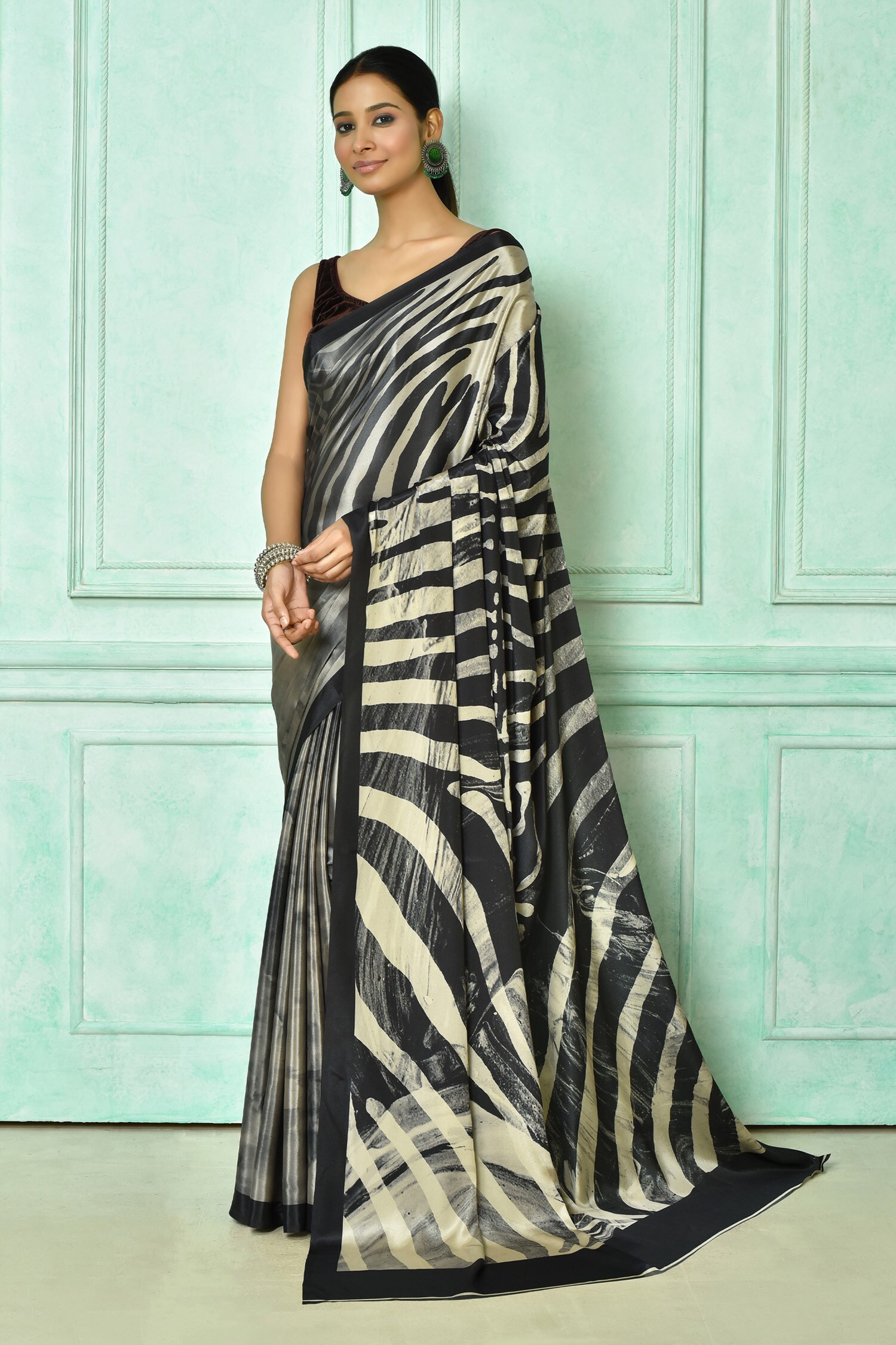 Buy Black Crepe Print Zebra Theme Saree With Running Blouse For Women ...