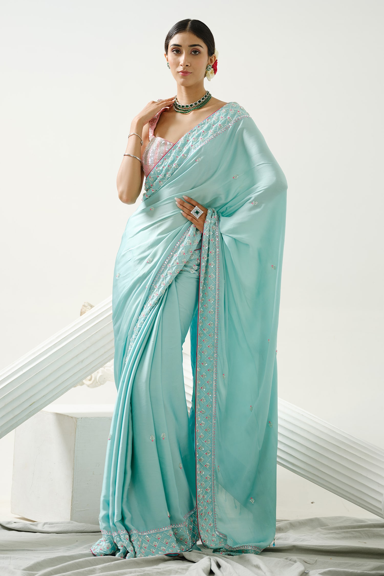 Buy Tamaraa By Tahani Green Satin Silk Aida Sequin Border Embroidered ...