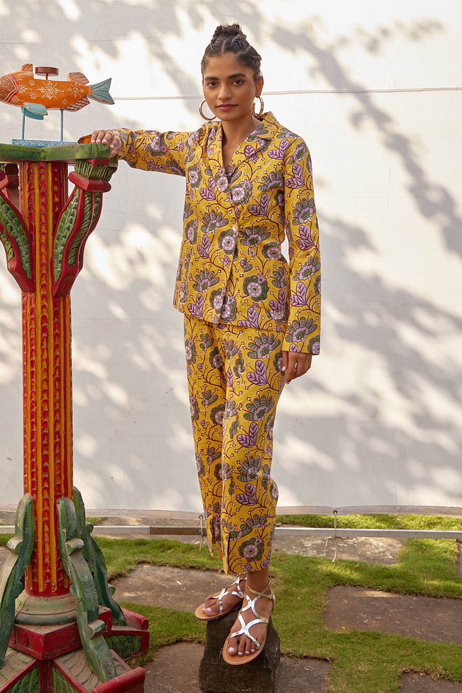 Buy Jodi Yellow Mul Pandora Hand Block Print Blazer Online | Aza Fashions