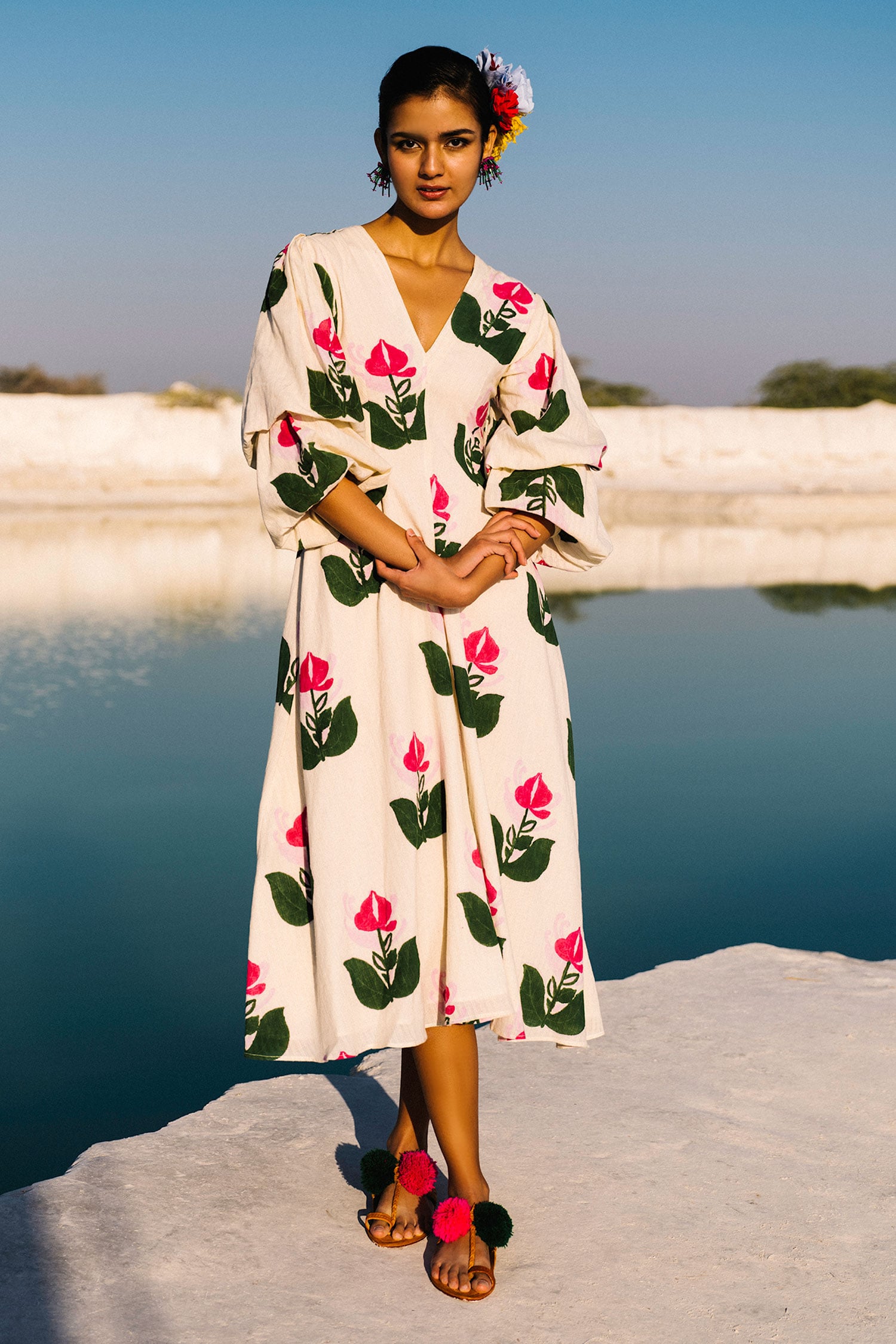 Buy White Handloom Cotton Hand Block Print Whimsy Dione Dress For Women ...