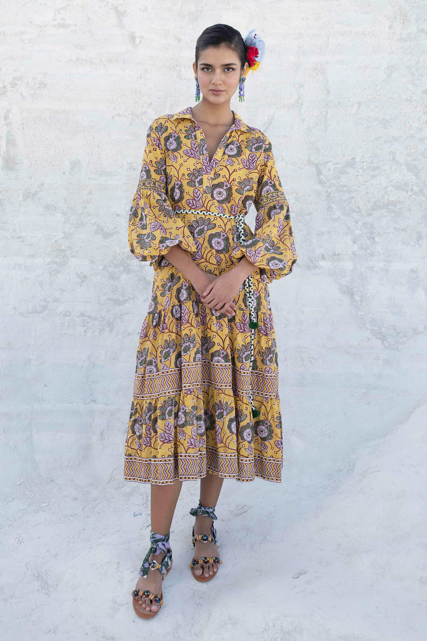 Buy Yellow Mul Cotton Hand Block Print Floral Collared Pandora Dress ...