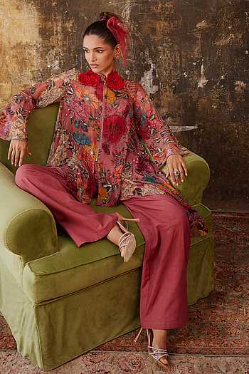 Buy Pink Linen Print Floral High Neck Tunic Jacket And Trouser Set For ...