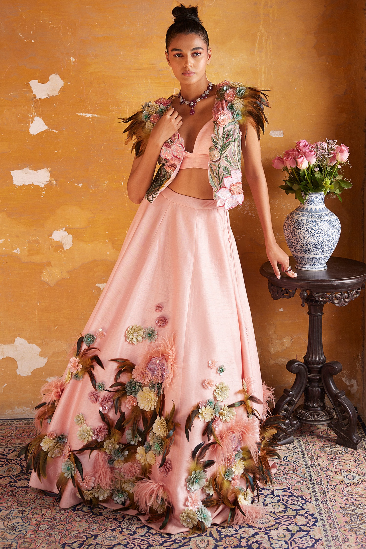 Buy Pink Mono Net Embellished 3d Floral Gilet Open Skirt Set For Women ...