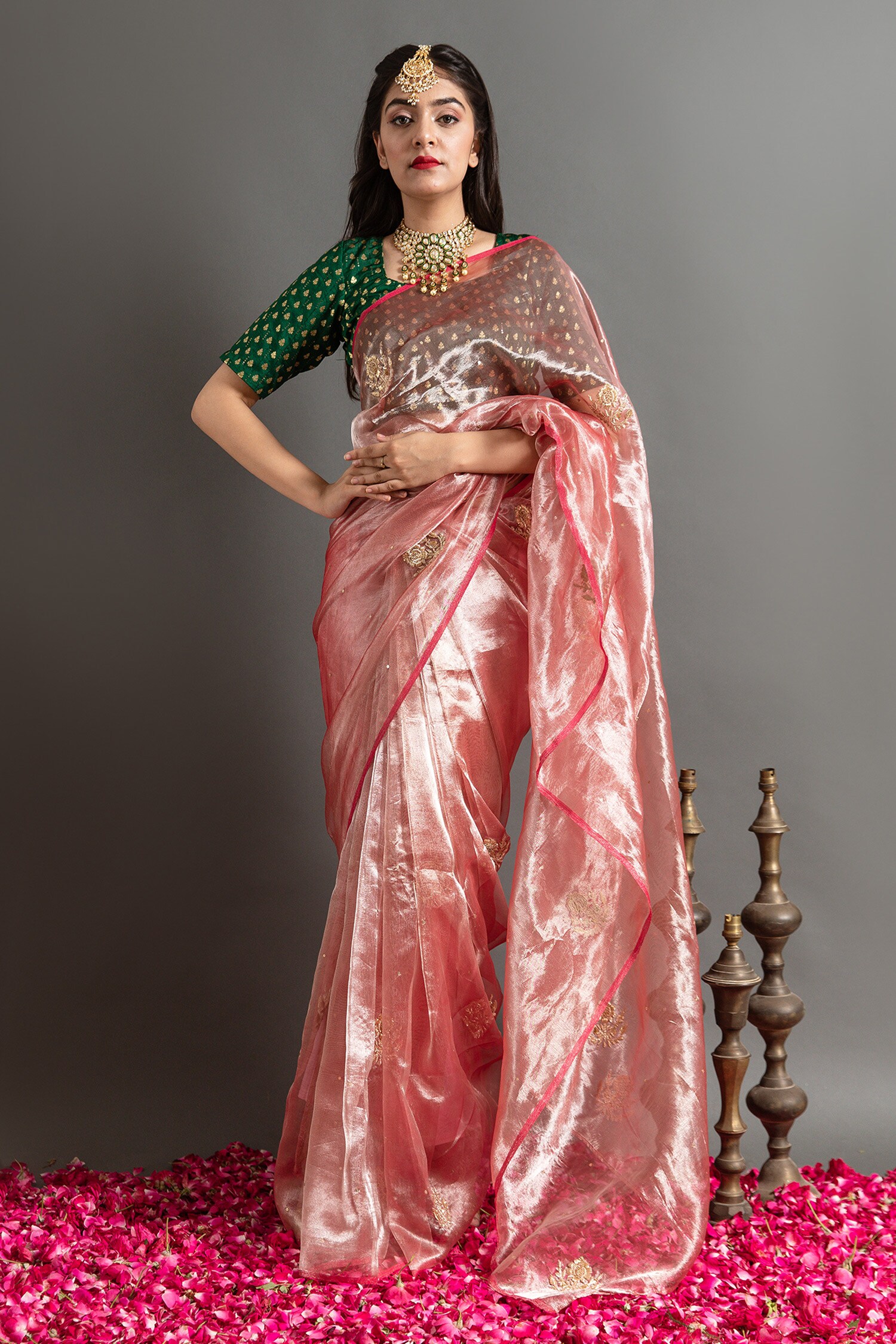 Buy Pink Tissue Embroidered Zardozi Round Chaand Saree With Blouse For ...