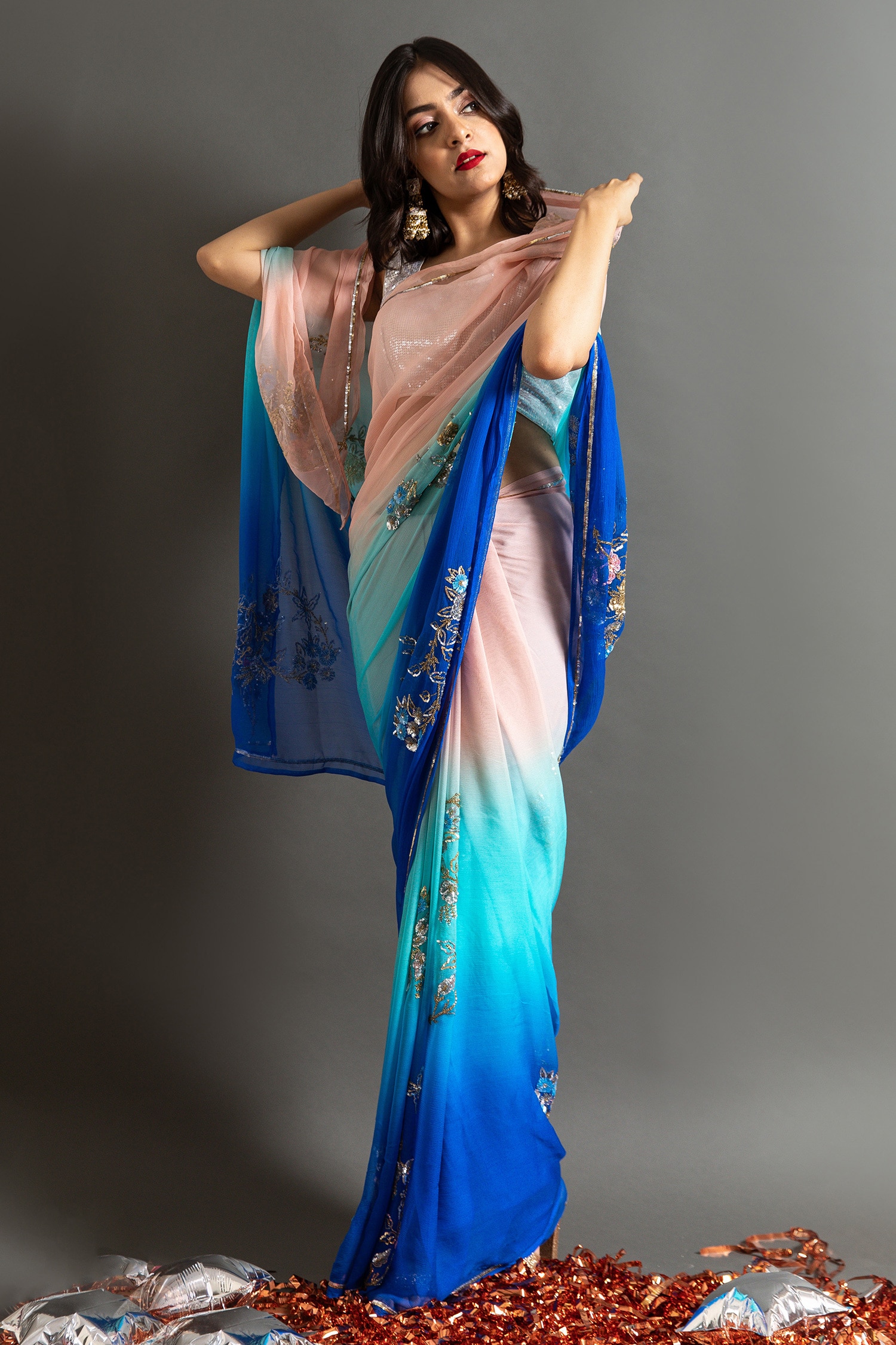 Buy Ruar India Peach Chiffon Umber Sequin Embroidered Saree With Blouse ...