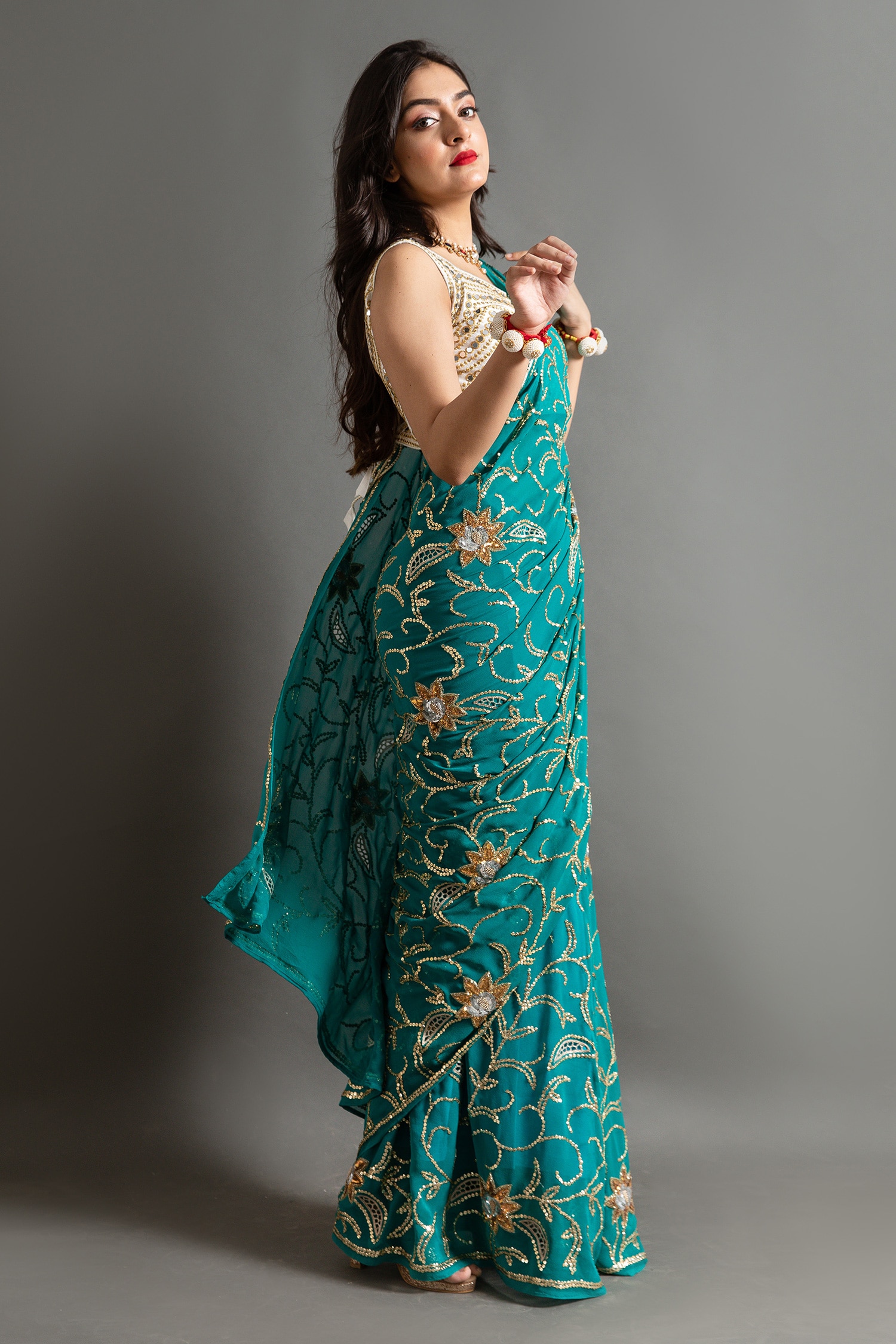 Buy Ruar India Green Chiffon Sequin Botanic Embroidered Saree With ...