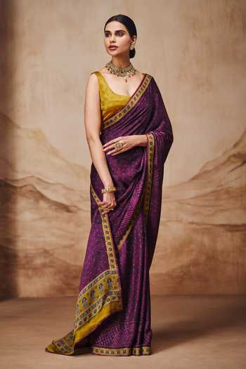 Buy Purple Saree Viscose Modal Satin Digital Printed Ajrakh With Blouse ...