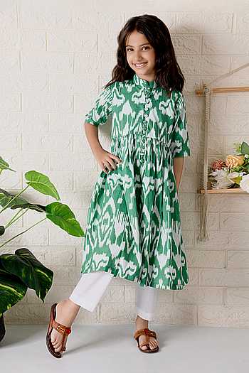 Buy Green Cotton Printed Ikat Kale Center Slit Kurta With Pant For ...