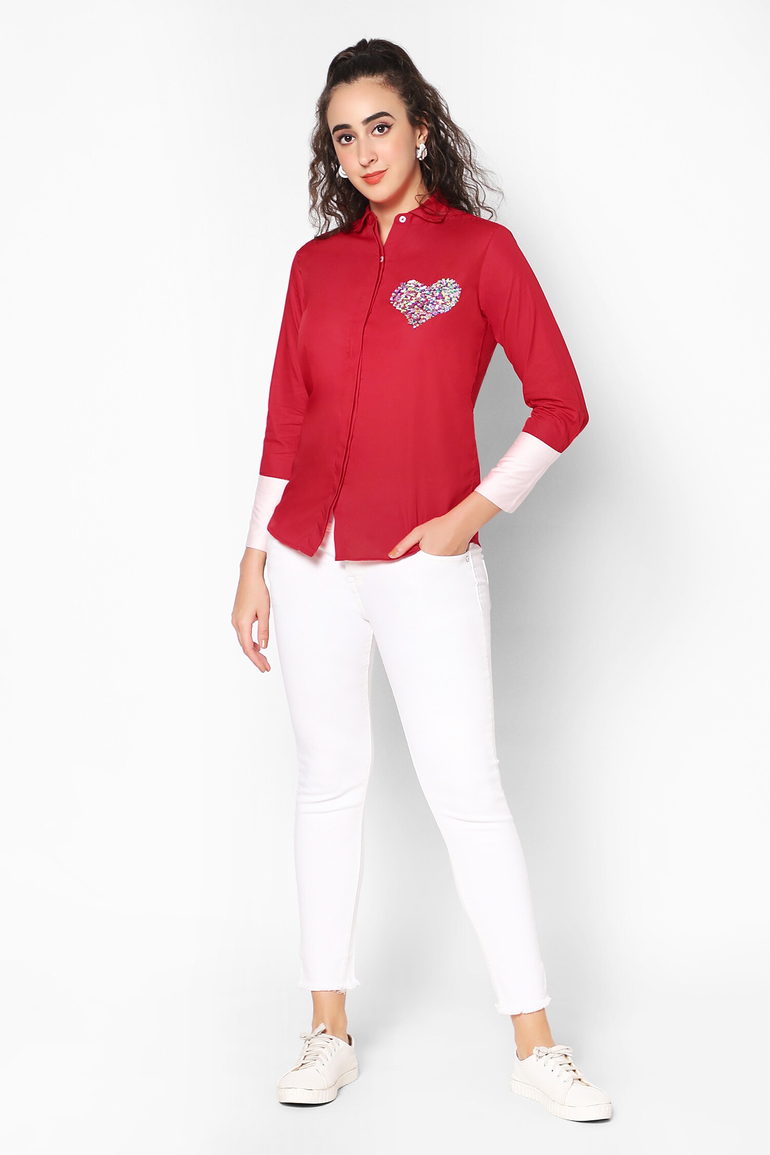 Buy Red Egyption Cotton Placement Embroidery Heart Collared Hand Shirt ...