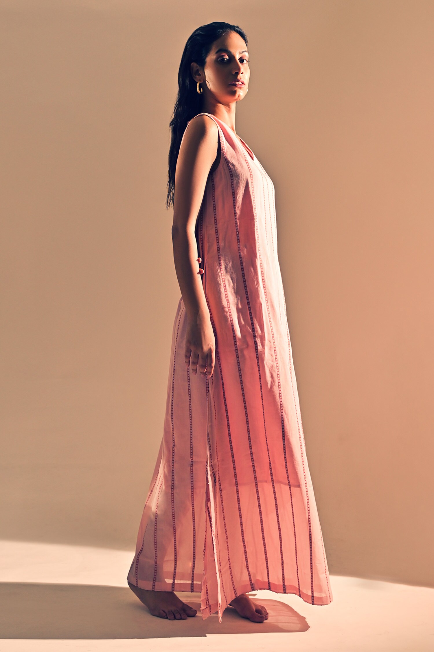 Buy Theroverjournal Pink Cotton Step Ladder Pattern Dress Online | Aza ...