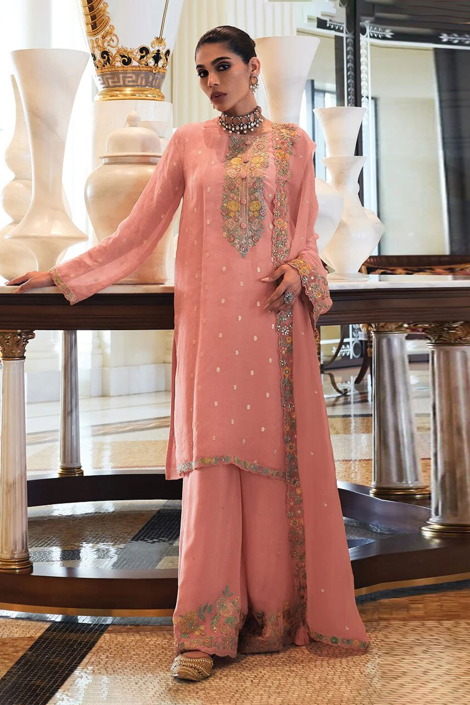 Buy Pink Kurta Woven Organzapants Santoondupatta Set For Women by Label ...
