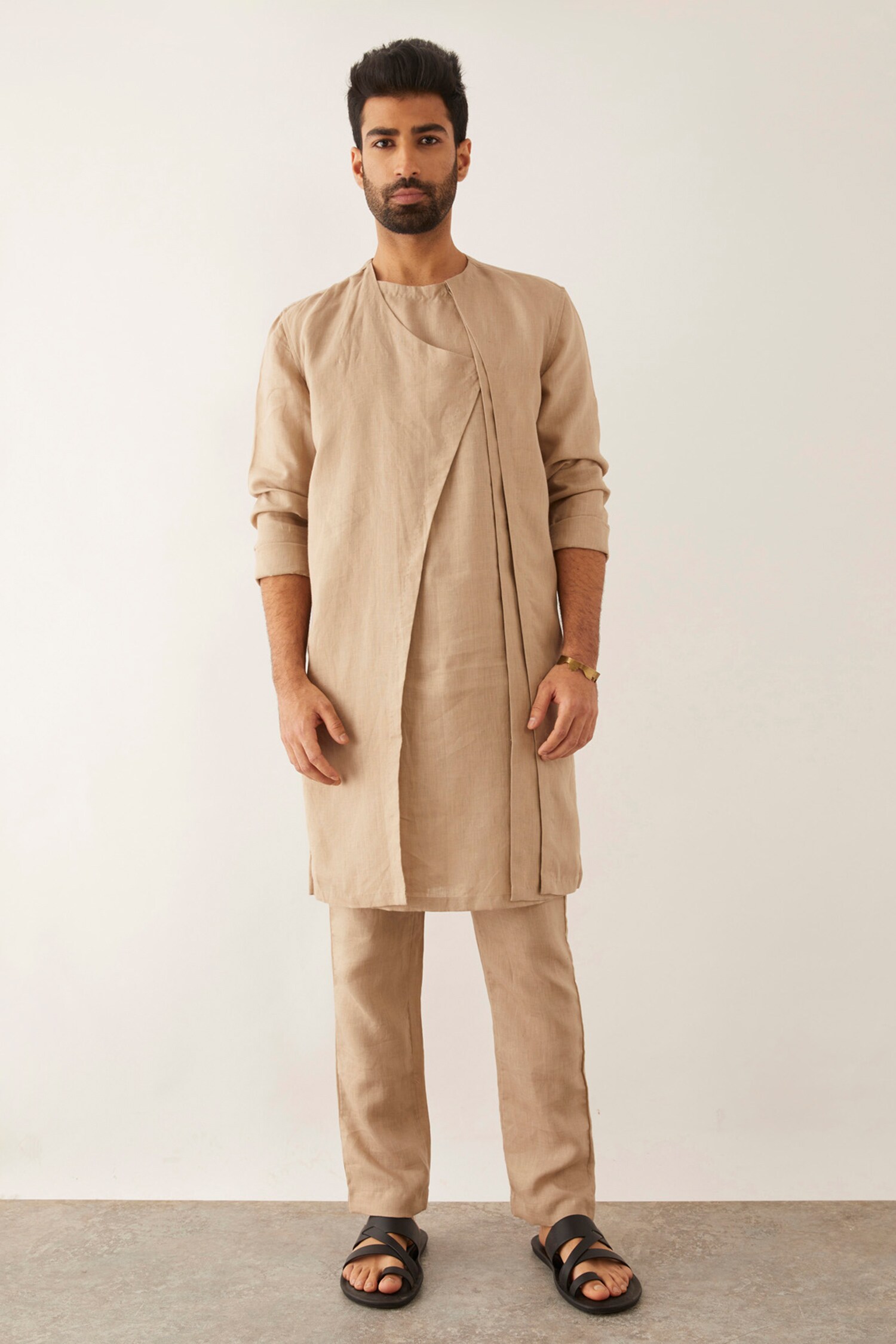 Buy Beige 100% Linen Plain Tabby Panelled Kurta Set For Men by Son of A ...