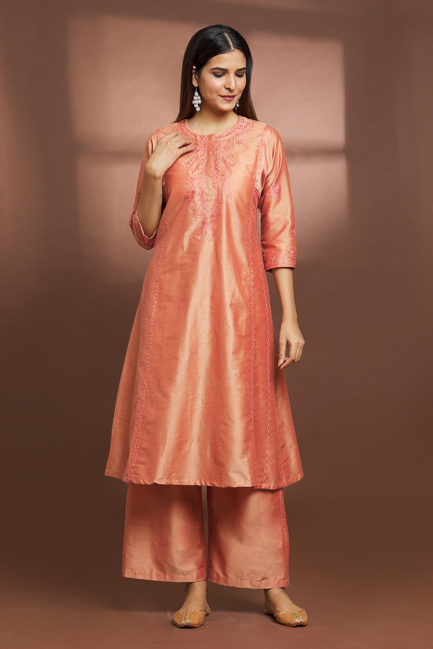 Buy Adara Khan Peach Cotton Silk Embroidered Flared Kurta And Pant Set Online | Aza Fashions