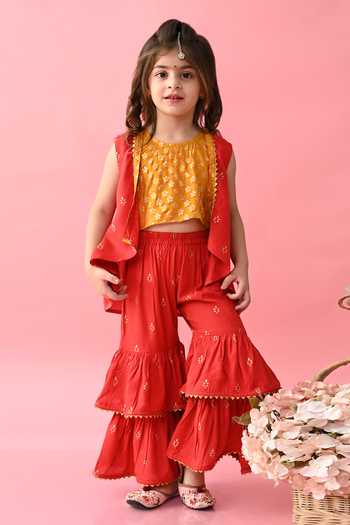 Buy Saka Designs Red Floral Print Jacket Sharara Set For Girls Online ...