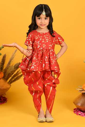 Buy Saka Designs Red Leaf Print Jhabla And Dhoti Pant Set For Girls ...