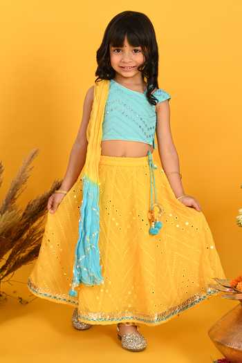 Buy Saka Designs Yellow Mirror Embroidered Lehenga Set For Girls Online ...
