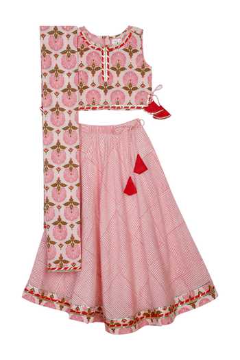Buy Saka Designs Peach Striped And Floral Print Lehenga Set For Girls ...