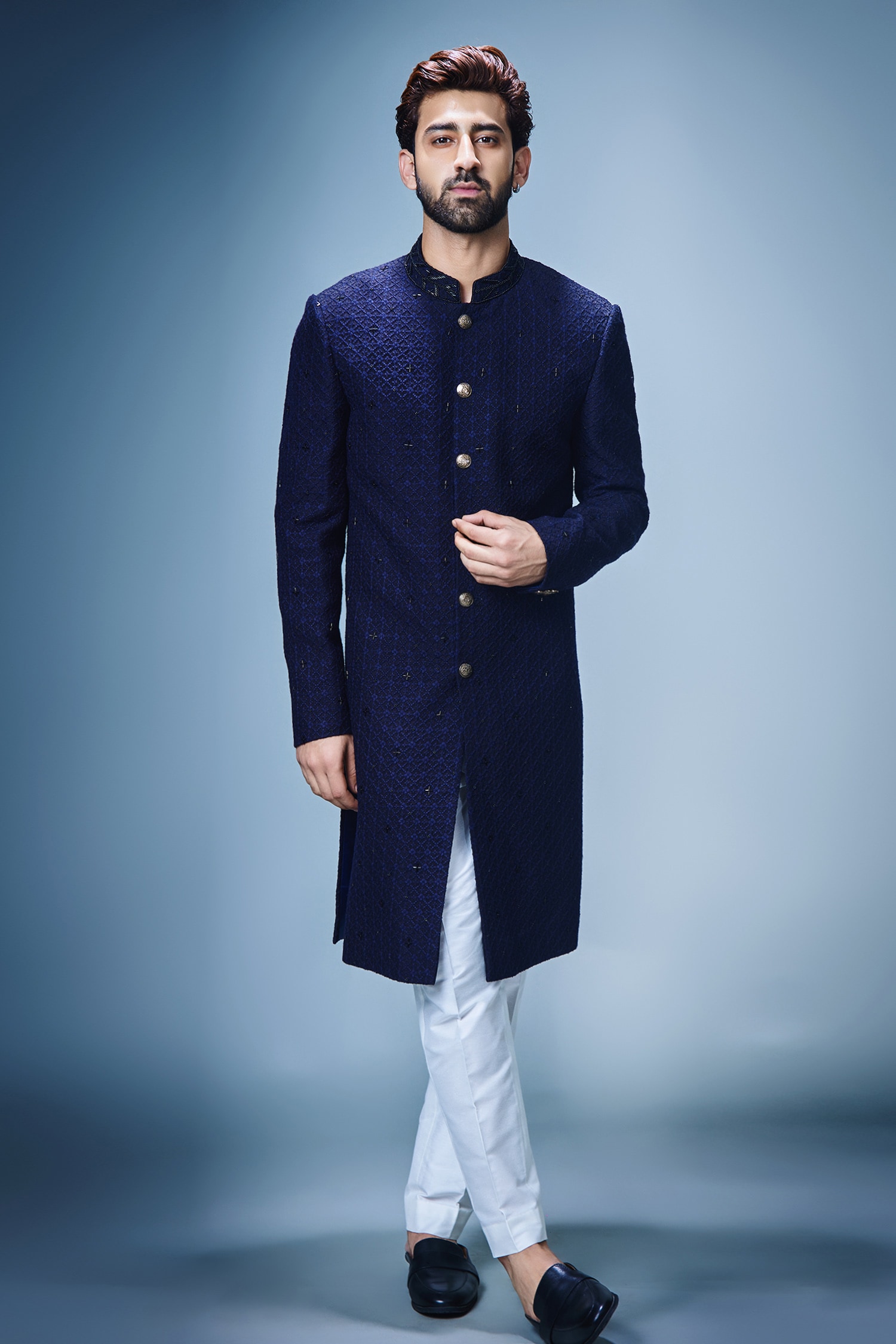 Buy Chatenya Mittal Blue Cutdana Embroidered Achkan Set Online | Aza ...