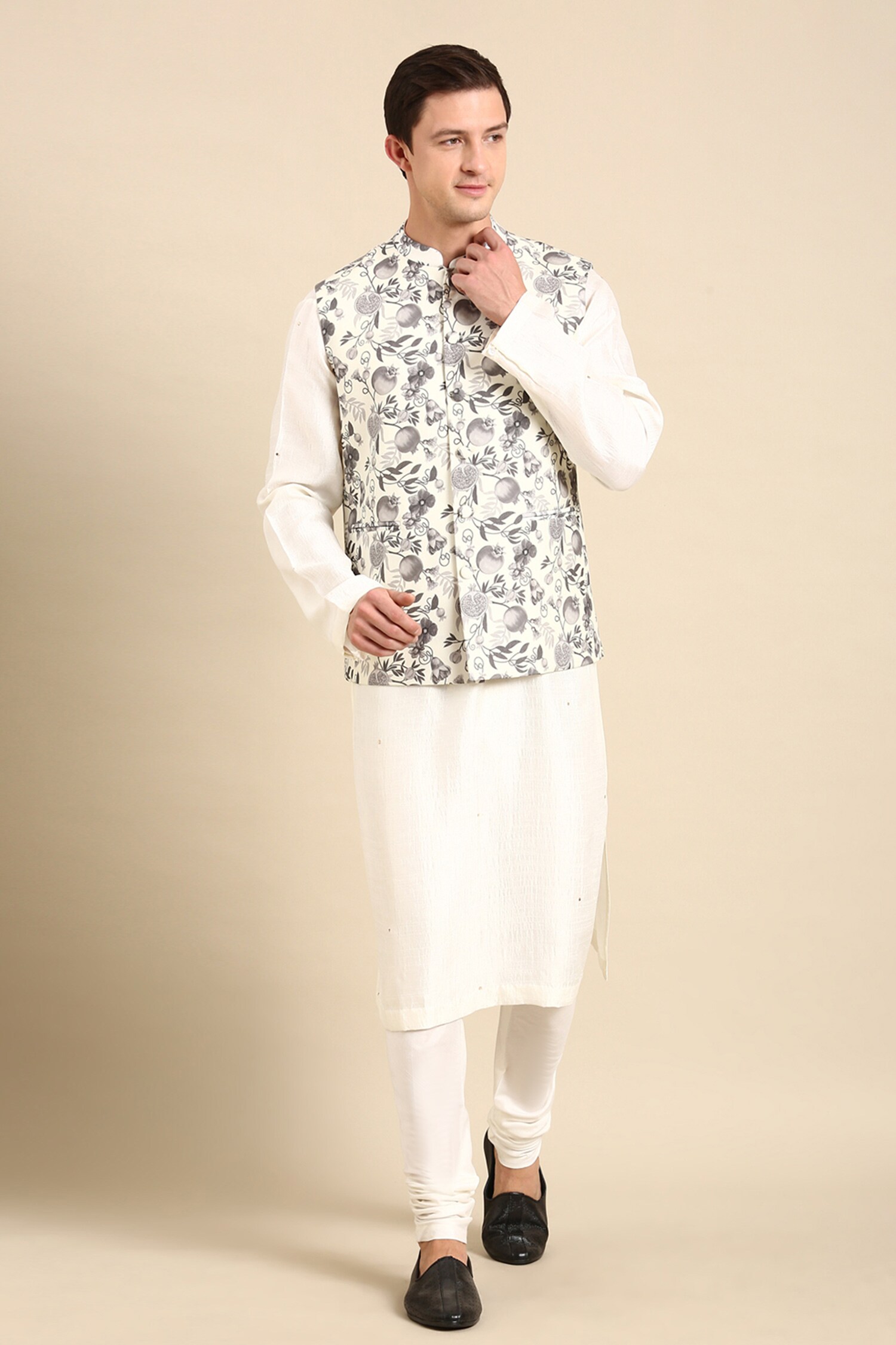 Buy Mayank Modi - Men Grey Muslin Floral Digital Print Nehru Jacket ...