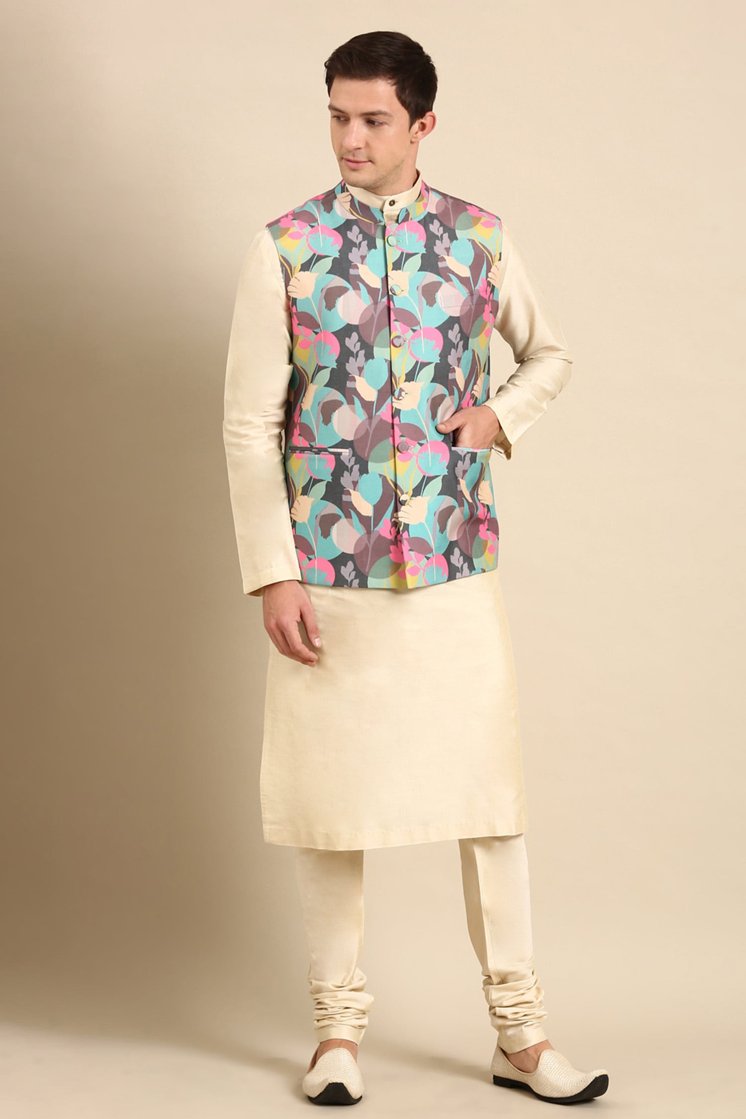 Buy Mayank Modi - Men Blue Muslin Printed Nehru Jacket Online | Aza ...